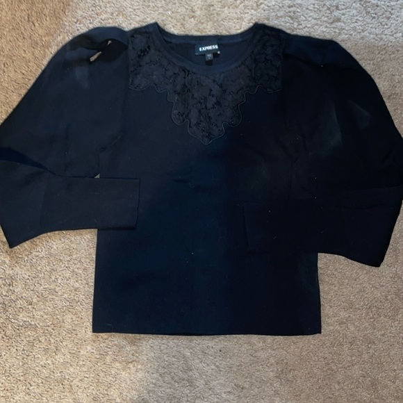 Express | Sweaters | Express Black Puff Sleeve Ribbed Sweater With Lace ...
